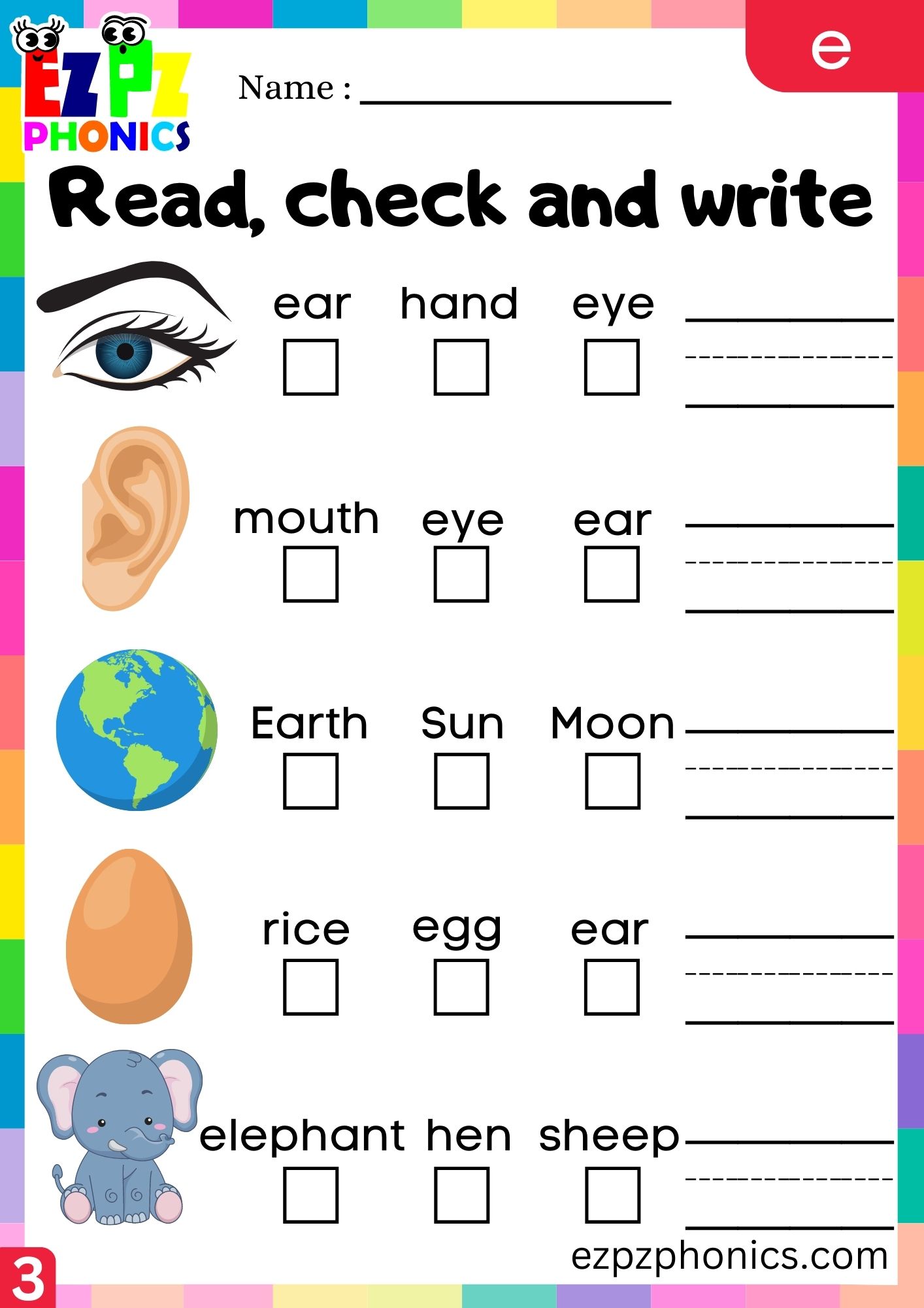 Letter e Read Check and Write the Words Group 3 - ezpzphonics.com